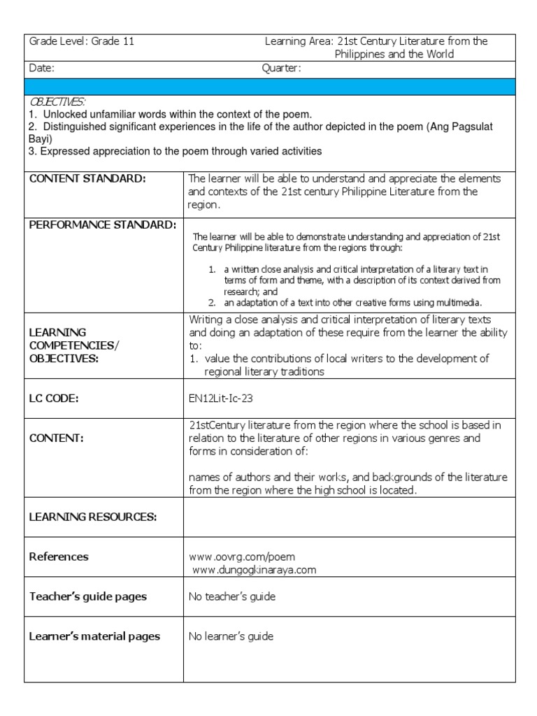 Daily Lesson Plan 21st Century Lit. | Lesson Plan | Learning