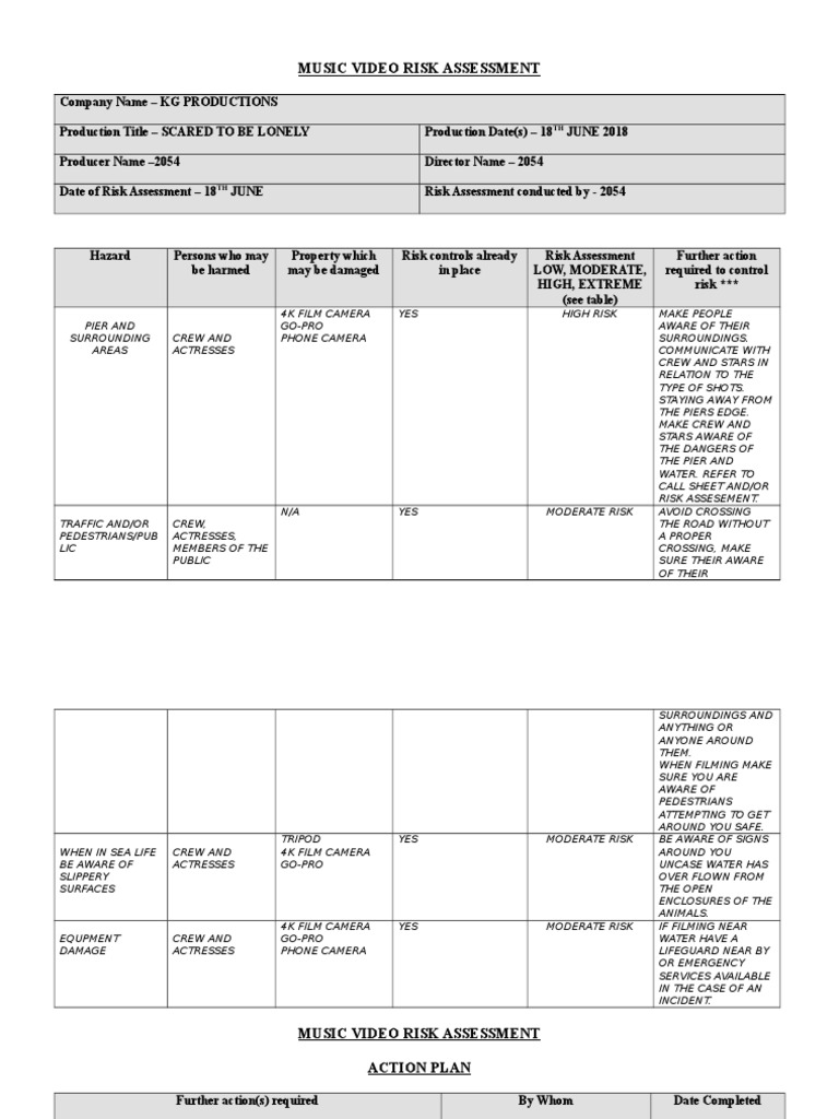 Film Production Risk Assessment Form | Emergency | Risk