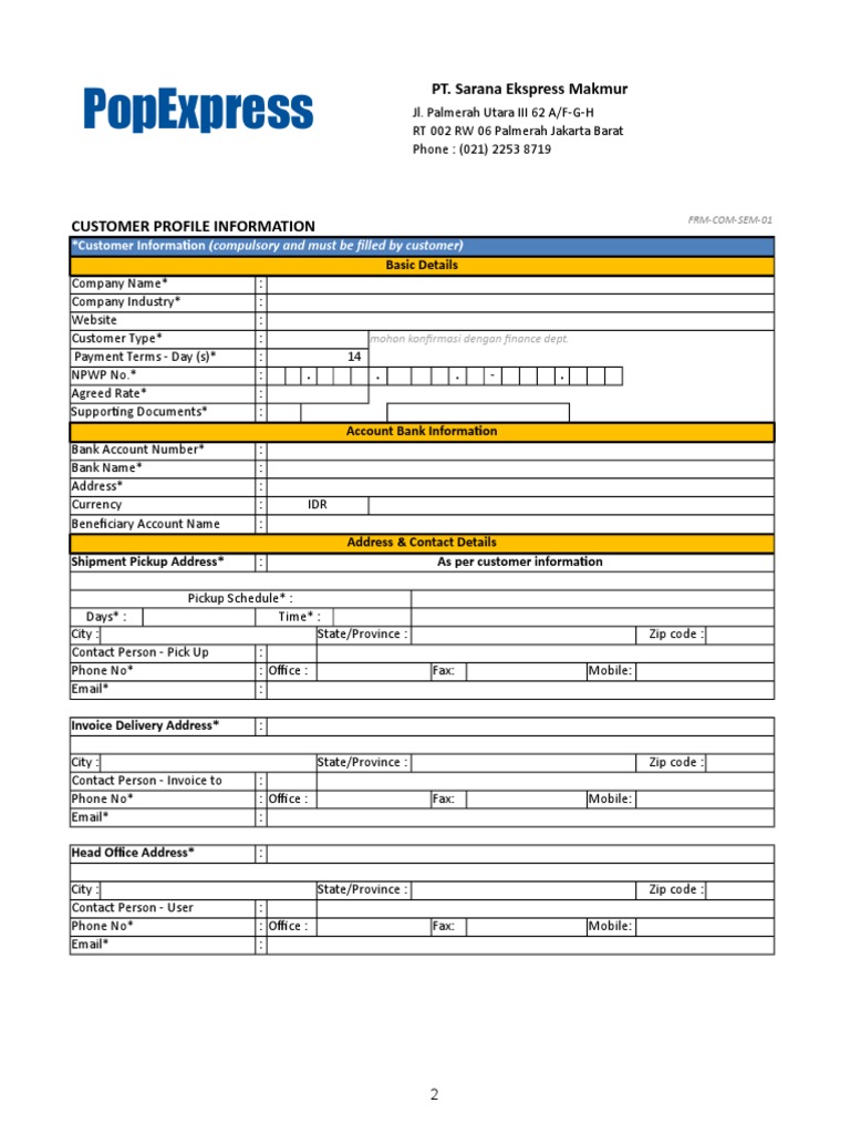 PopExpress Customer Profile Form | PDF | Business
