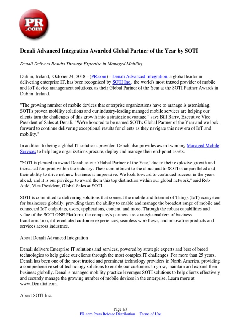 Denali Advanced Integration Awarded Global Partner of The Year by SOTI ...