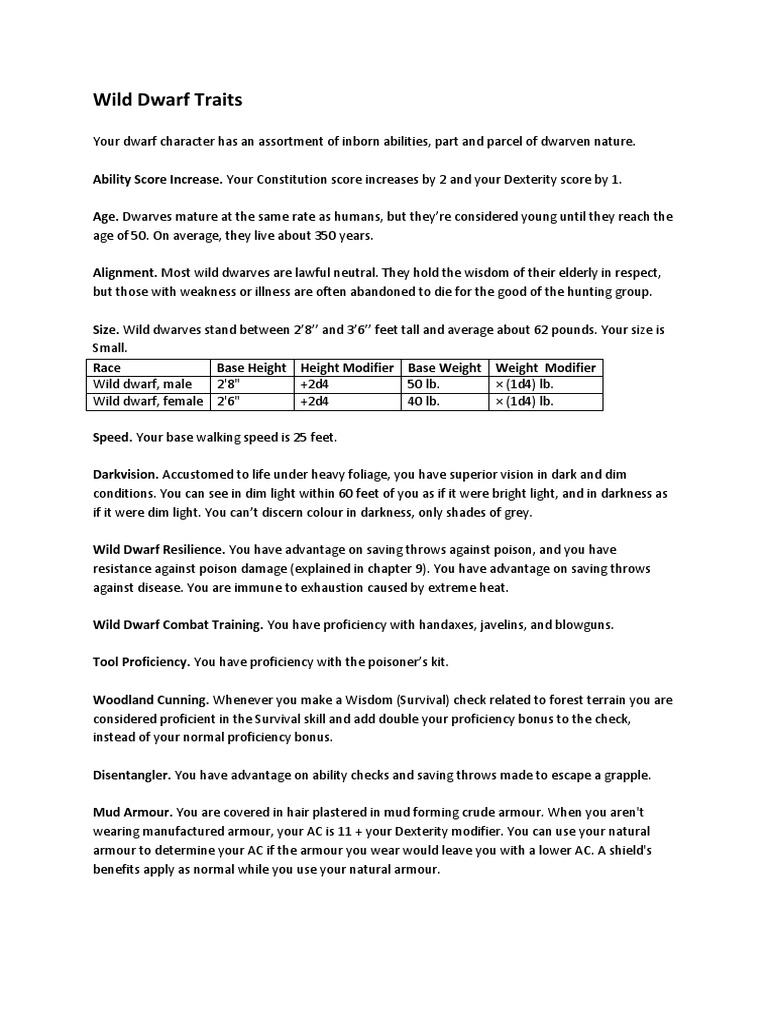 Wild Dwarf Character Traits | PDF | Dwarf (Dungeons & Dragons) | Dwarf ...