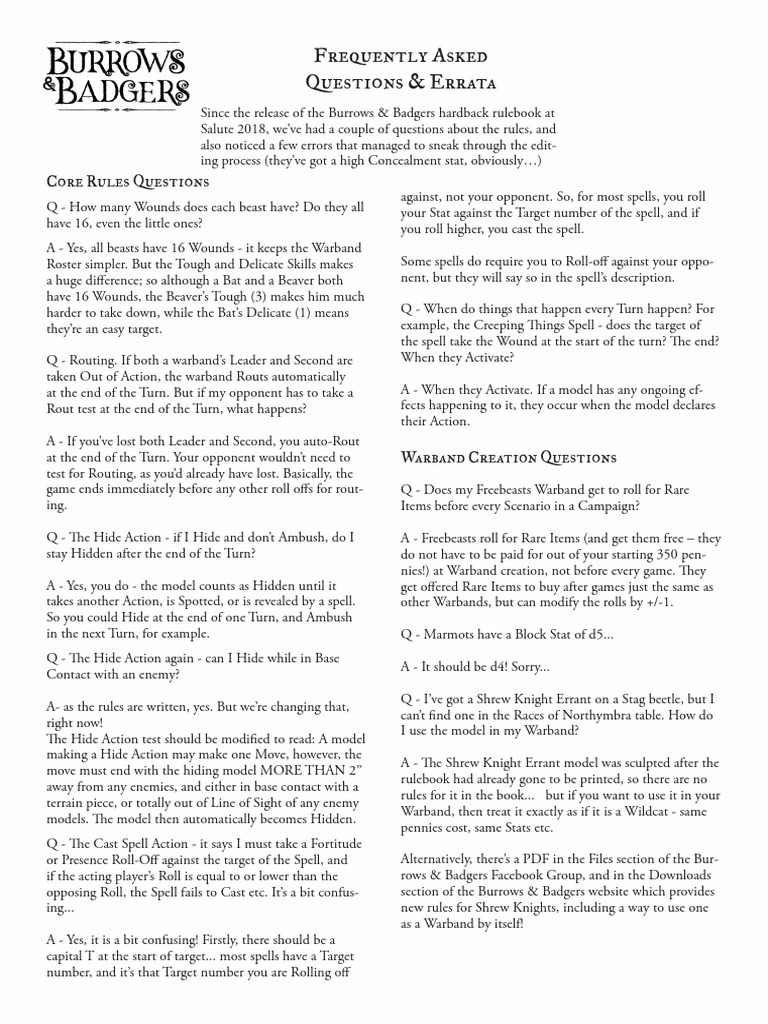 Burrows & Badgers FAQ and Errata | PDF | Leisure