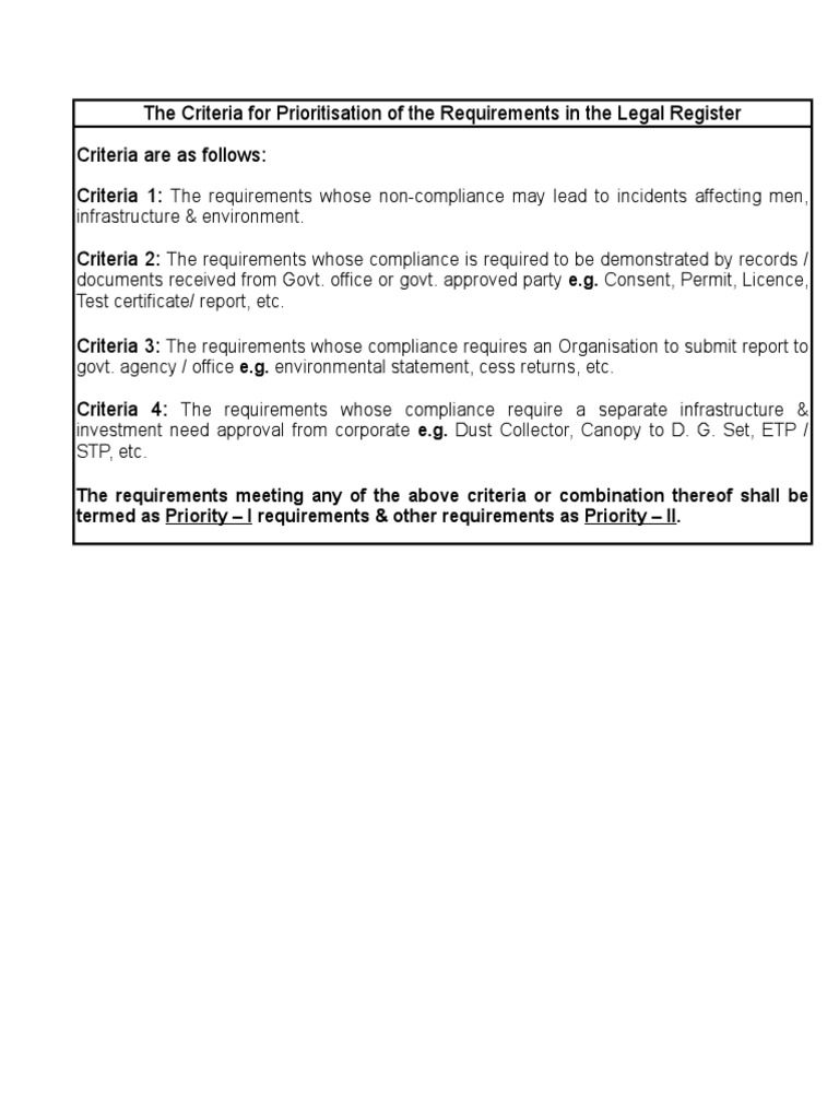 The Criteria For Prioritisation of The Requirements in The Legal ...