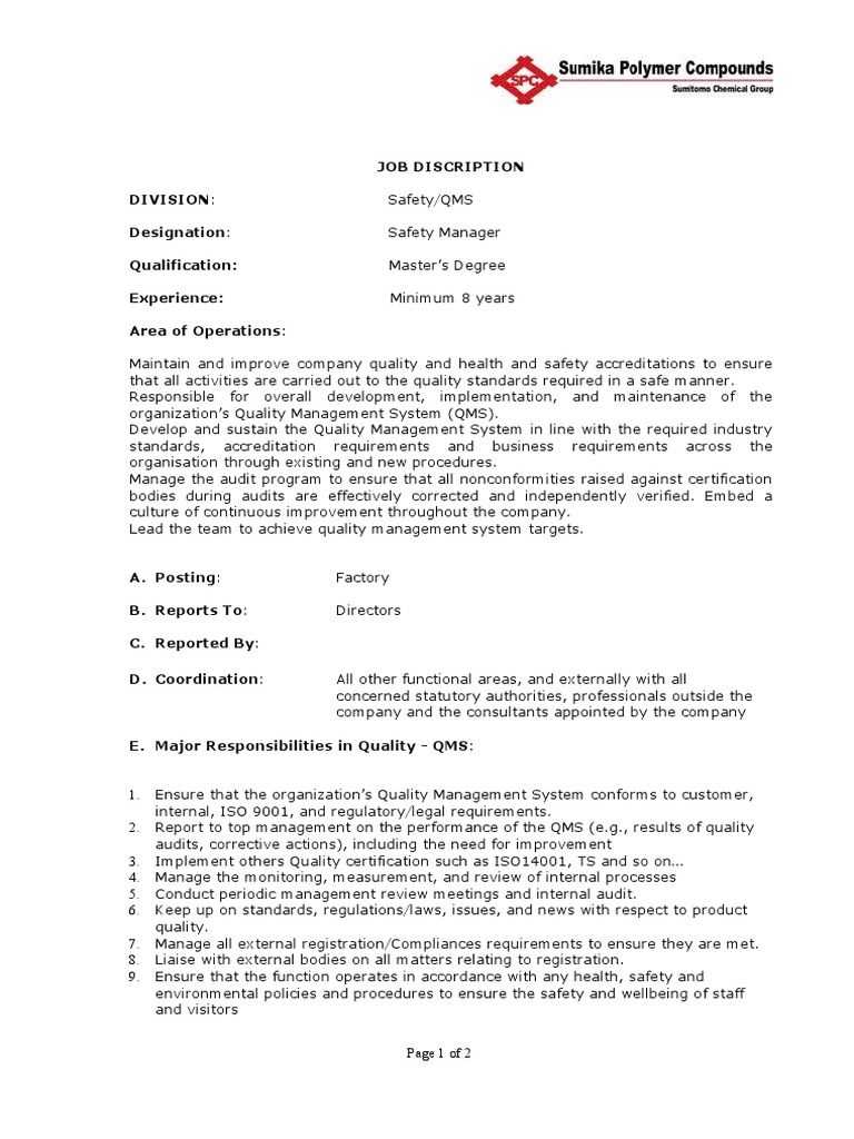 Safety Manager | PDF | Occupational Safety And Health | Quality ...