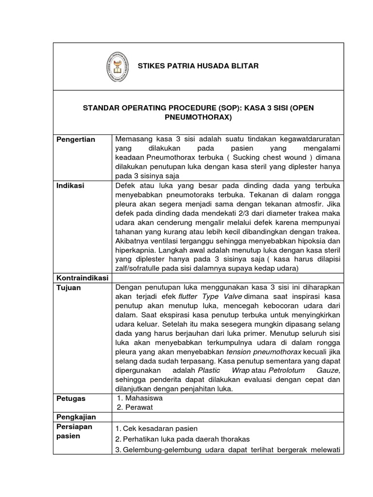 SOP Pemasangan Kasa 3 Sisi Pneumothorax | PDF | Kesehatan Holistik ...
