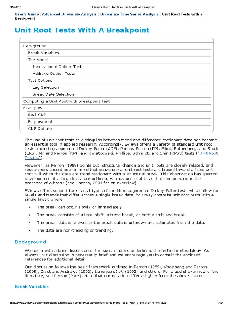 EViews Help - Unit Root Tests With A Breakpoint | PDF | Null Hypothesis ...