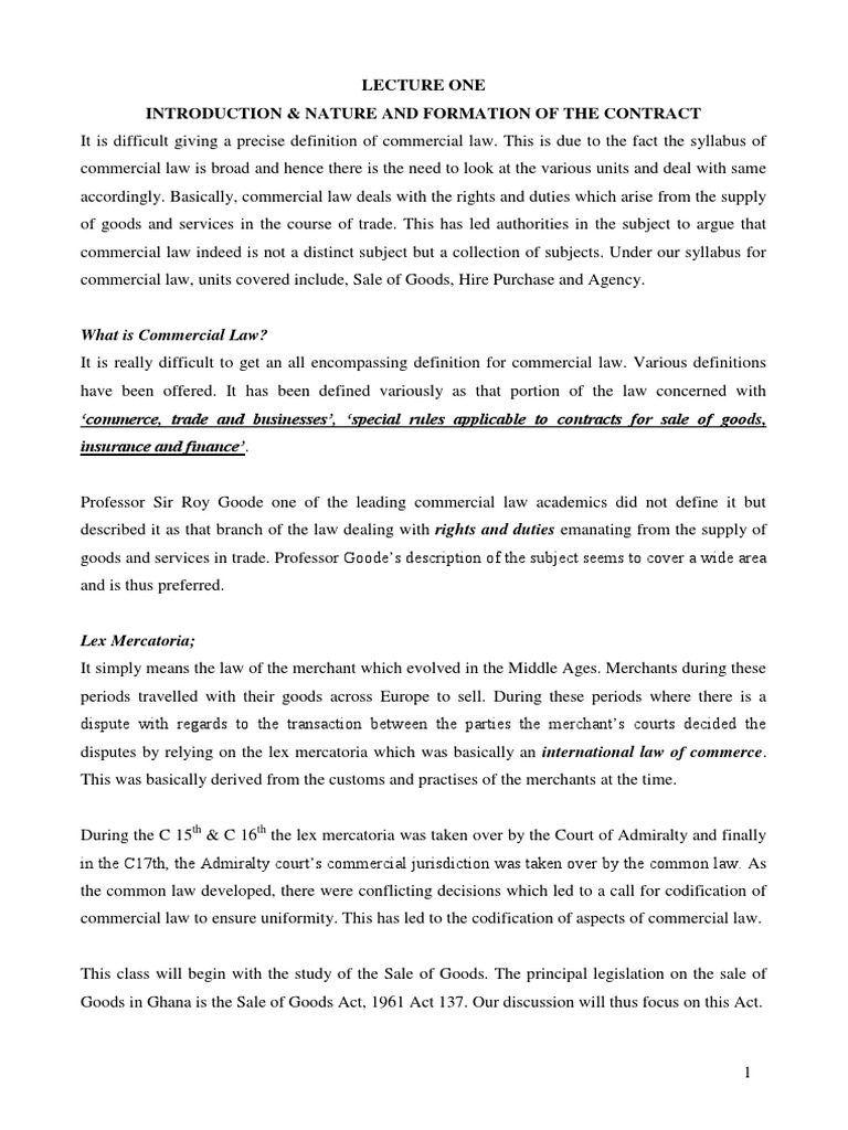 Commercial Law Lecture Notes Pdf Contractual Term Sales