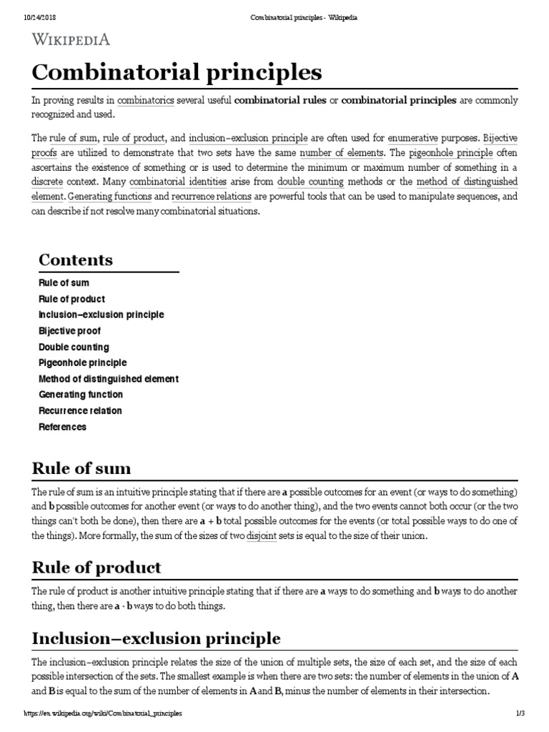 Combinatorial Principles - Wikipedia | PDF | Combinatorics | Teaching ...