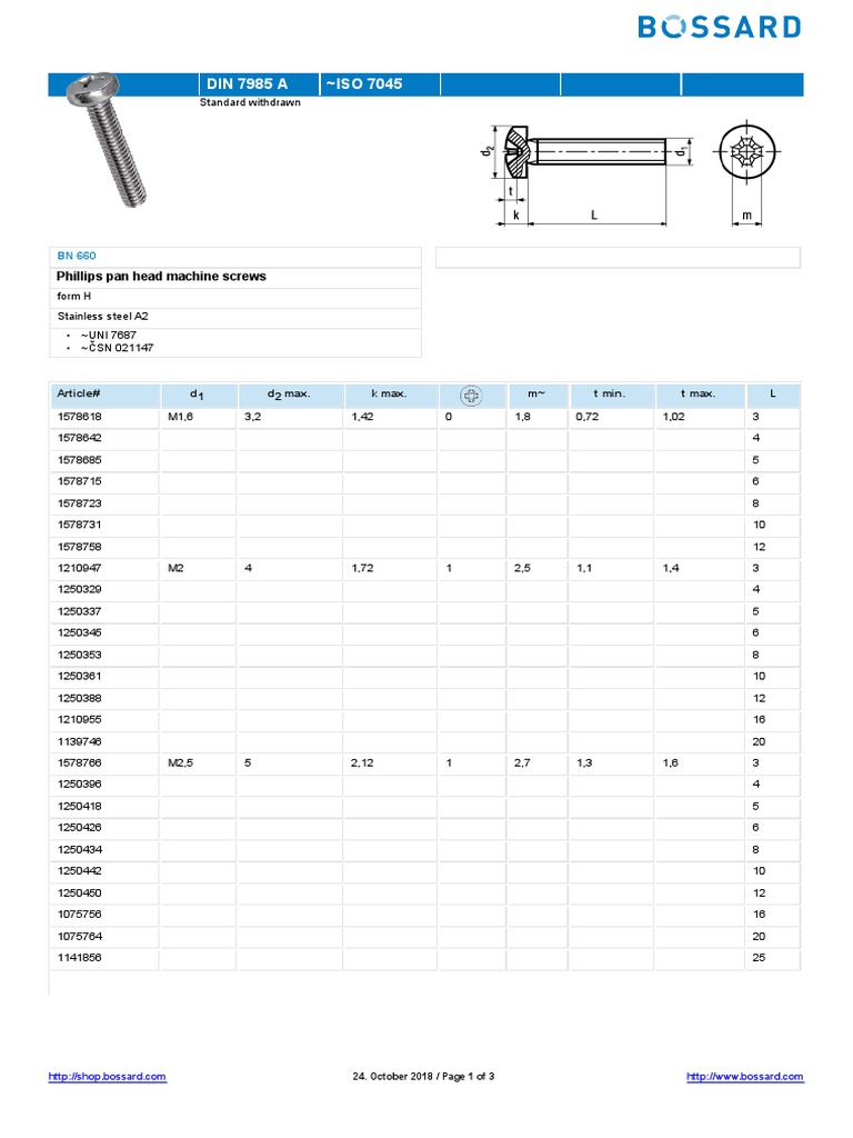 DIN 7985 A ISO 7045: Phillips Pan Head Machine Screws | PDF