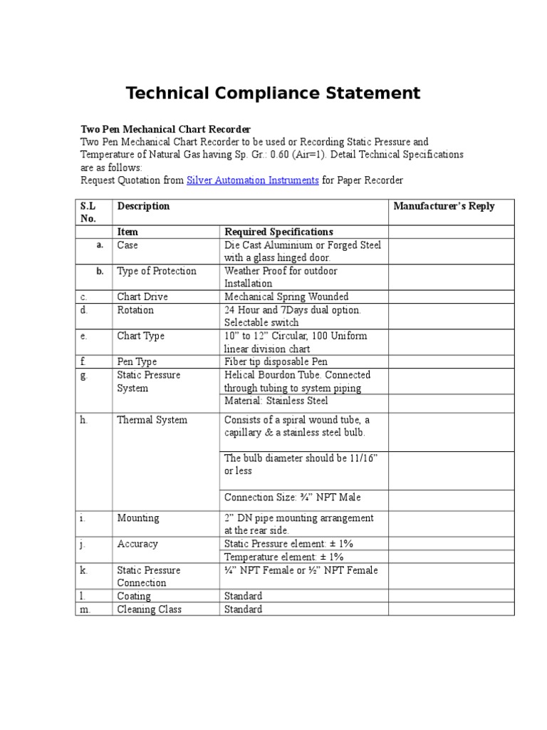 Technical Compliance Statement: Two Pen Mechanical Chart Recorder | PDF ...