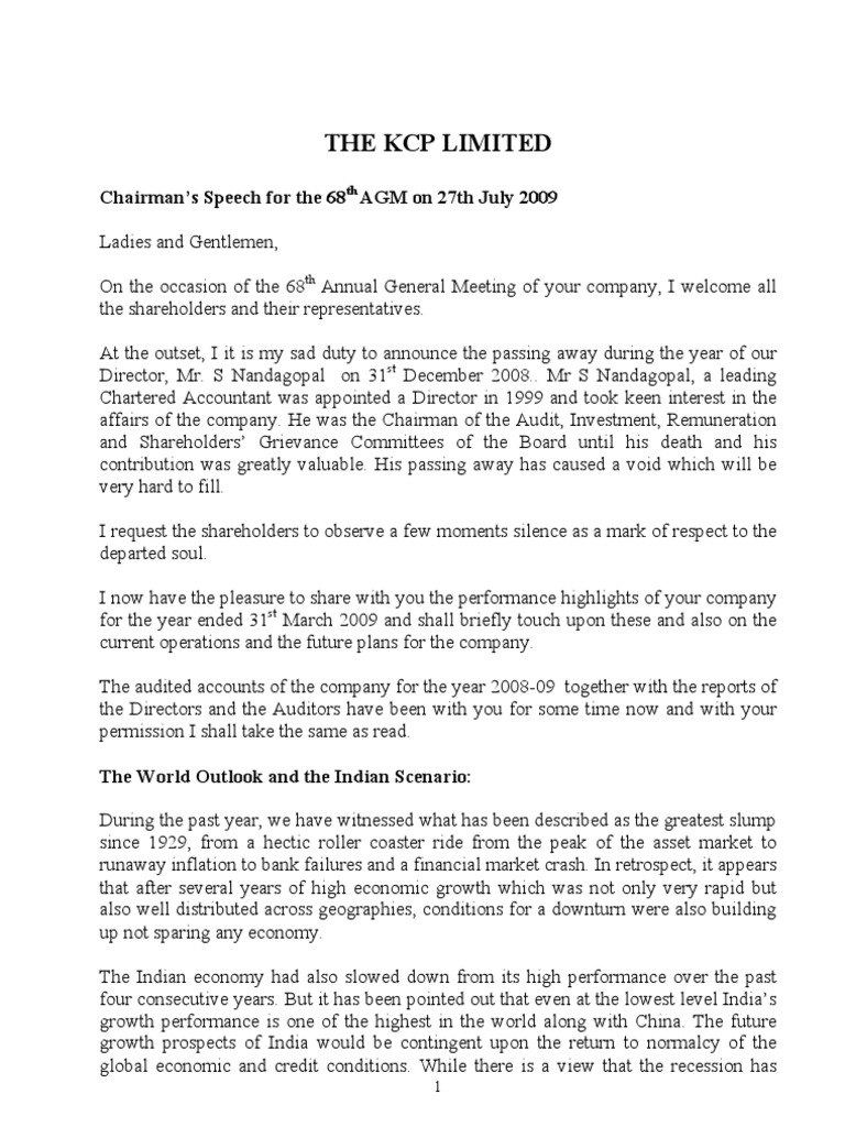 Chairman's Speech | Recession | Economy Of India