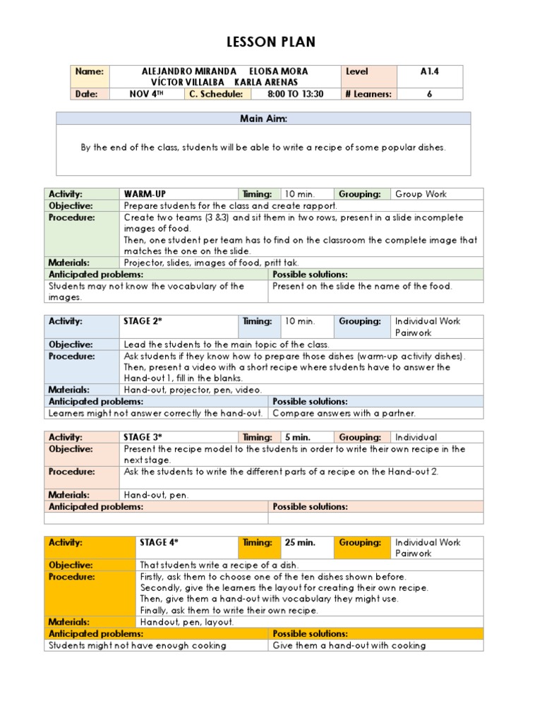 Recipe Writing Lesson Plan for A1.4 | PDF | Recipe | Lesson Plan