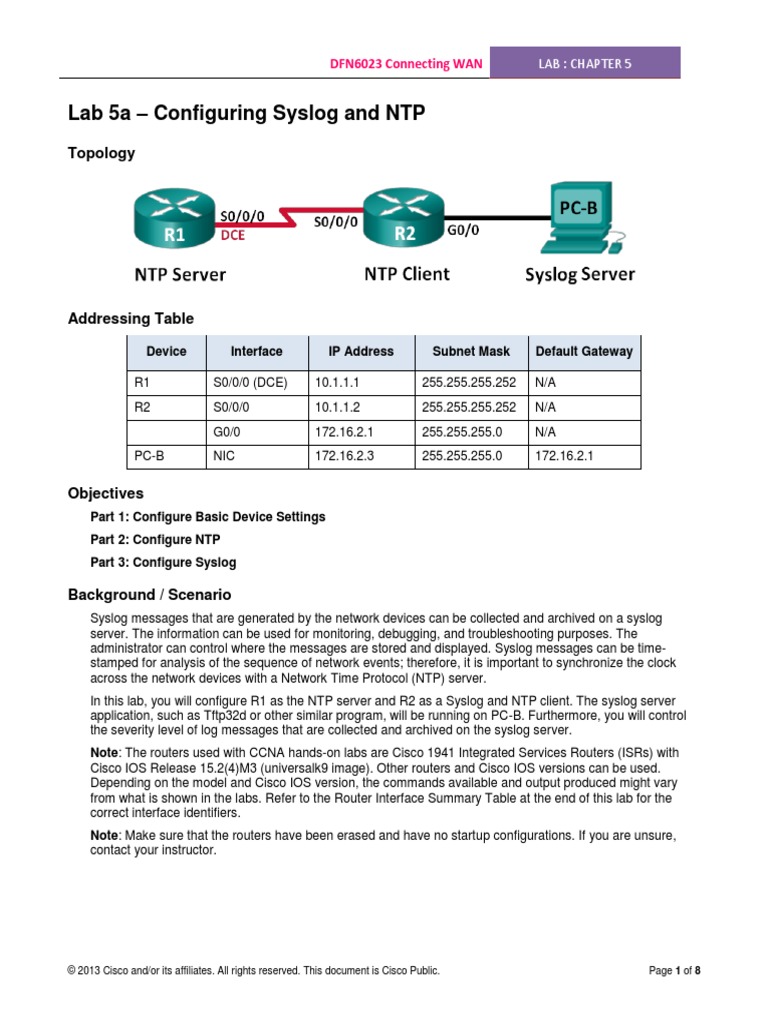 Lab 5a - Configuring Syslog and NTP: Topology | PDF | Router (Computing) | Computer Network
