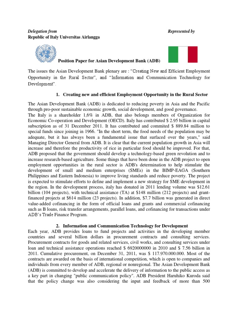 Position Paper For Asian Development Bank (ADB) : Republic of Italy ...