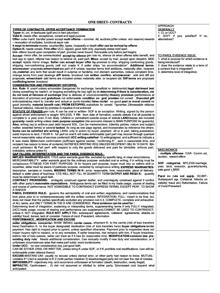 One Sheet-Contracts One Sheet - Contracts | PDF | Breach Of Contract ...