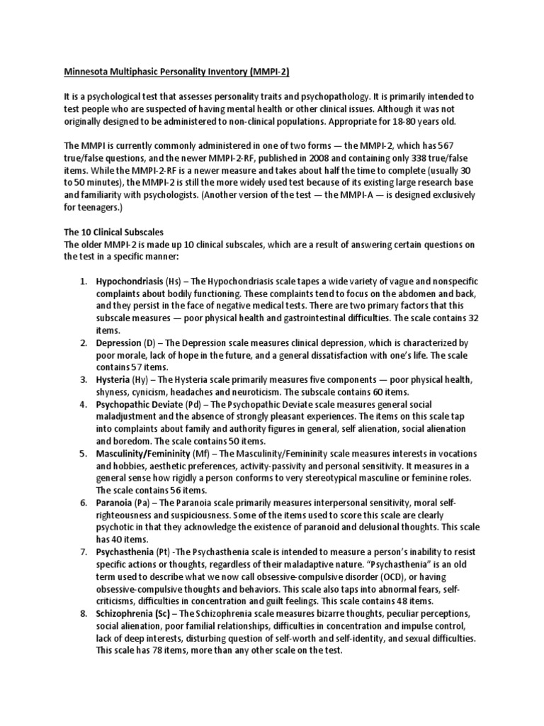 Minnesota Multiphasic Personality Inventory (MMPI-2) | PDF ...