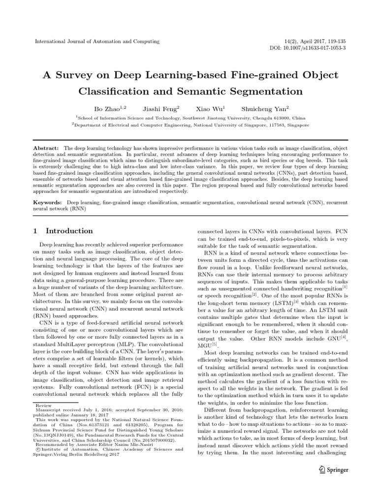 A Survey On Deep Learning Based Fine Grained Object Classification And Semantic Segmentation