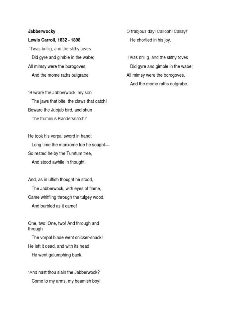 Jabberwocky Lewis Carroll, 1832 - 1898 | PDF