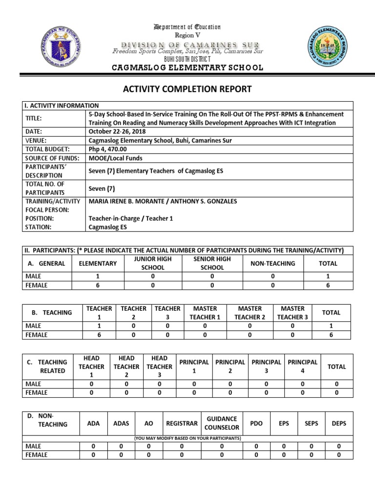 Activity Completion Report: Cagmaslog Elementary School | Download Free PDF | Behavior ...