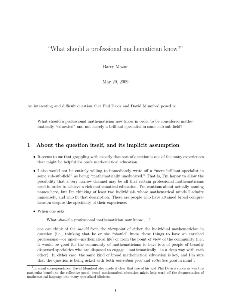 Barry Mazur - What Should A Professional Mathematician Know PDF | PDF ...