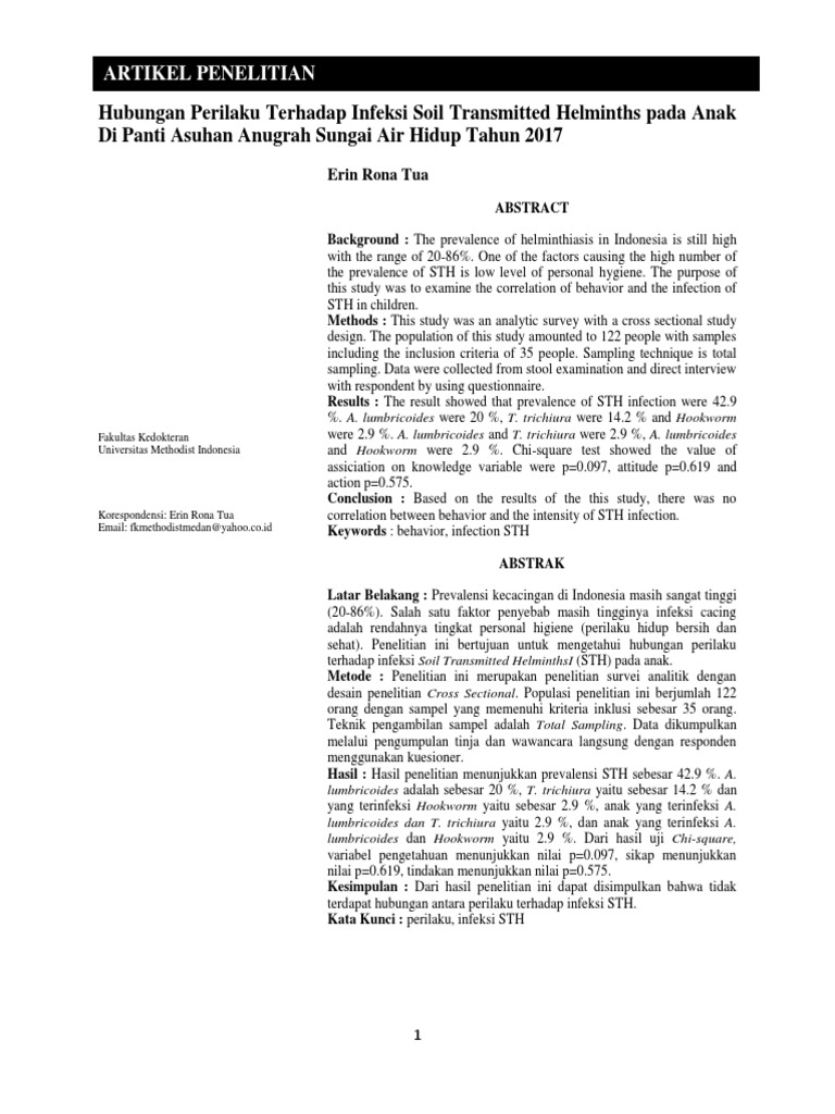 Hubungan Perilaku Terhadap Infeksi Soil Transmitted Helminths Pada Anak Di Panti Asuhan Anugrah ...