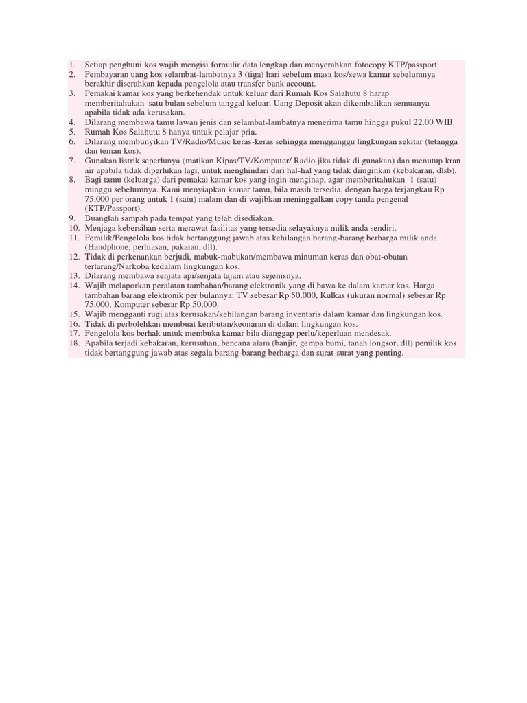 Setiap Penghuni Kos Wajib Mengisi Formulir Data Lengkap Dan Menyerahkan Fotocopy KTP | PDF
