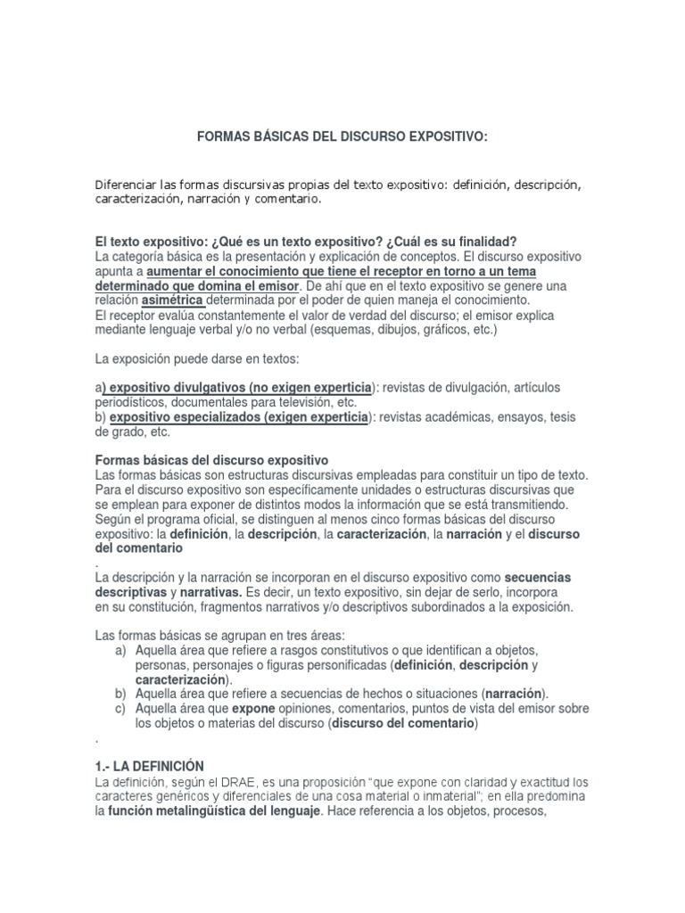 Formas Básicas Del Discurso Expositivo | PDF | Definición | Autor