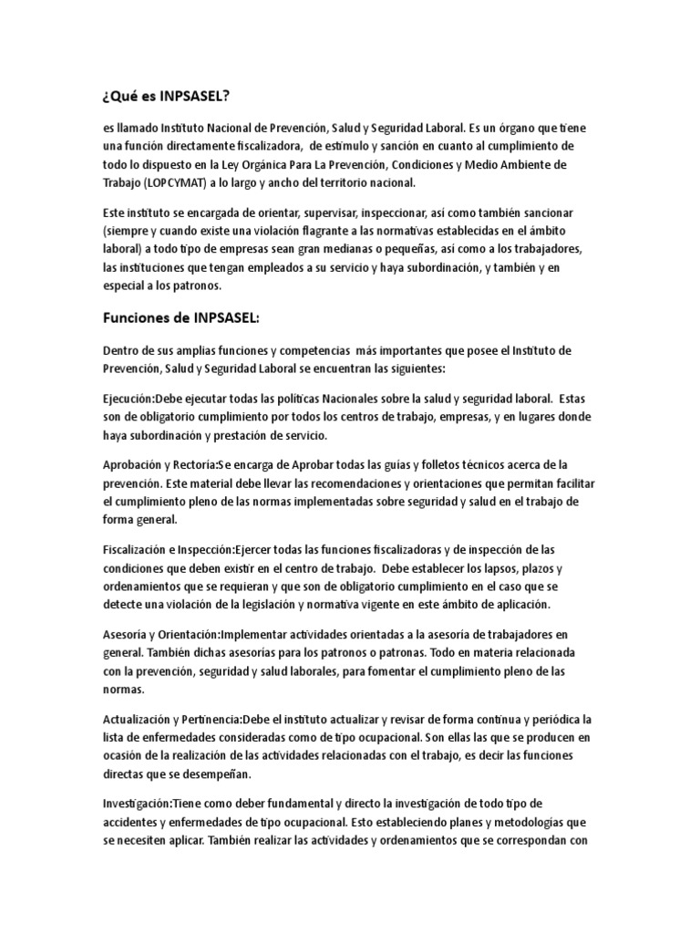 ¿Qué Es INPSASEL? | PDF | Bienestar | Medicina