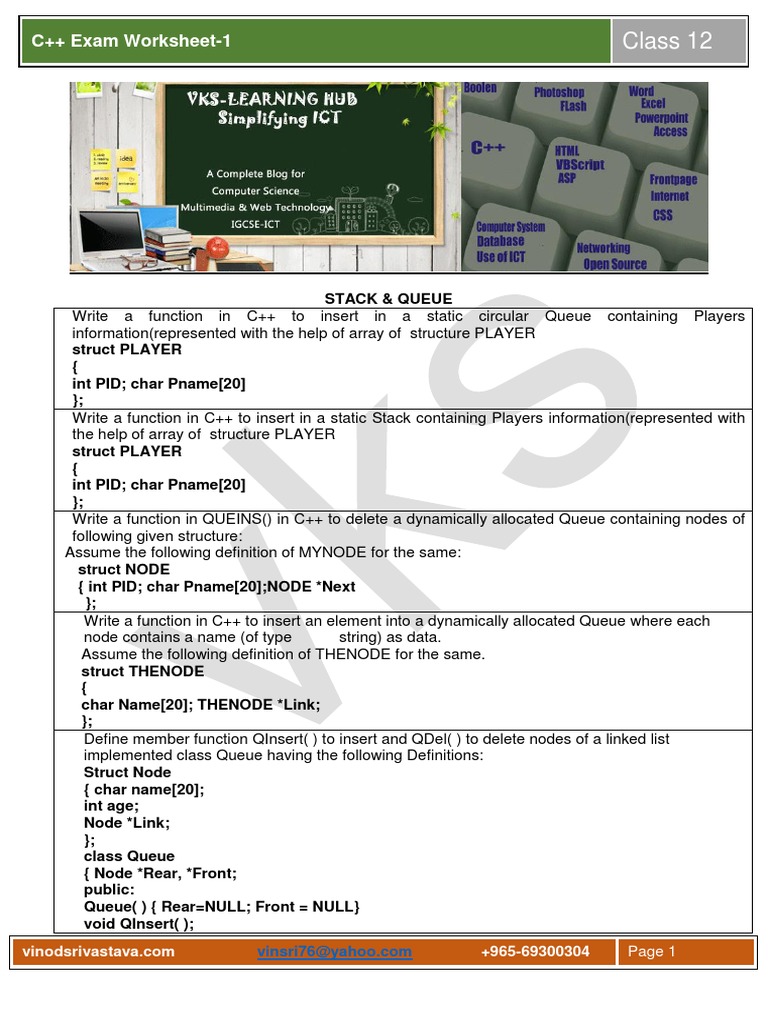 VKS XII Worksheet STackQueue | PDF | Queue (Abstract Data Type) | C++