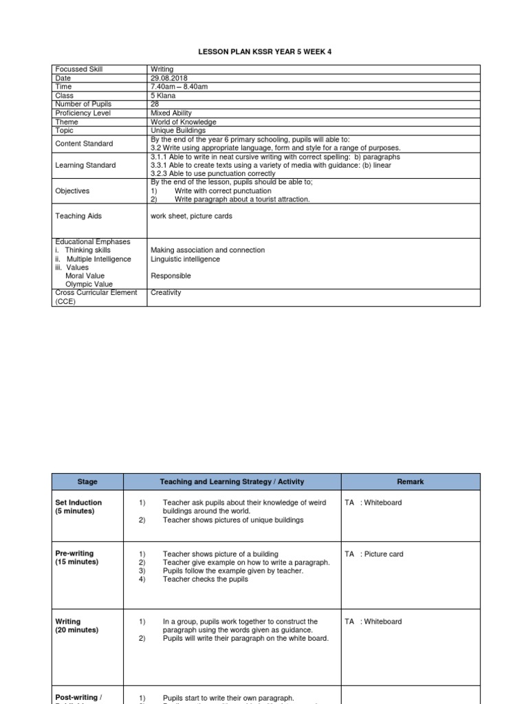 Lesson Plan KSSR Year 5 Week 4 | PDF | Lesson Plan | Teachers