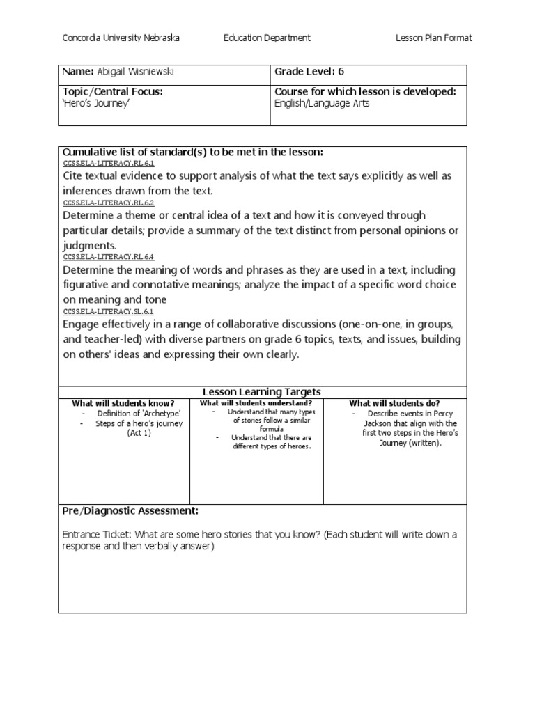 Heros Journey Edtpa | PDF | Hero | Lesson Plan