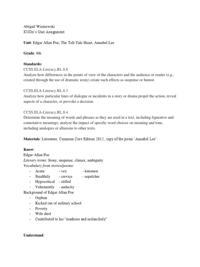 Unit: Edgar Allan Poe, The Tell-Tale Heart, Annabel Lee Grade: 8th ...