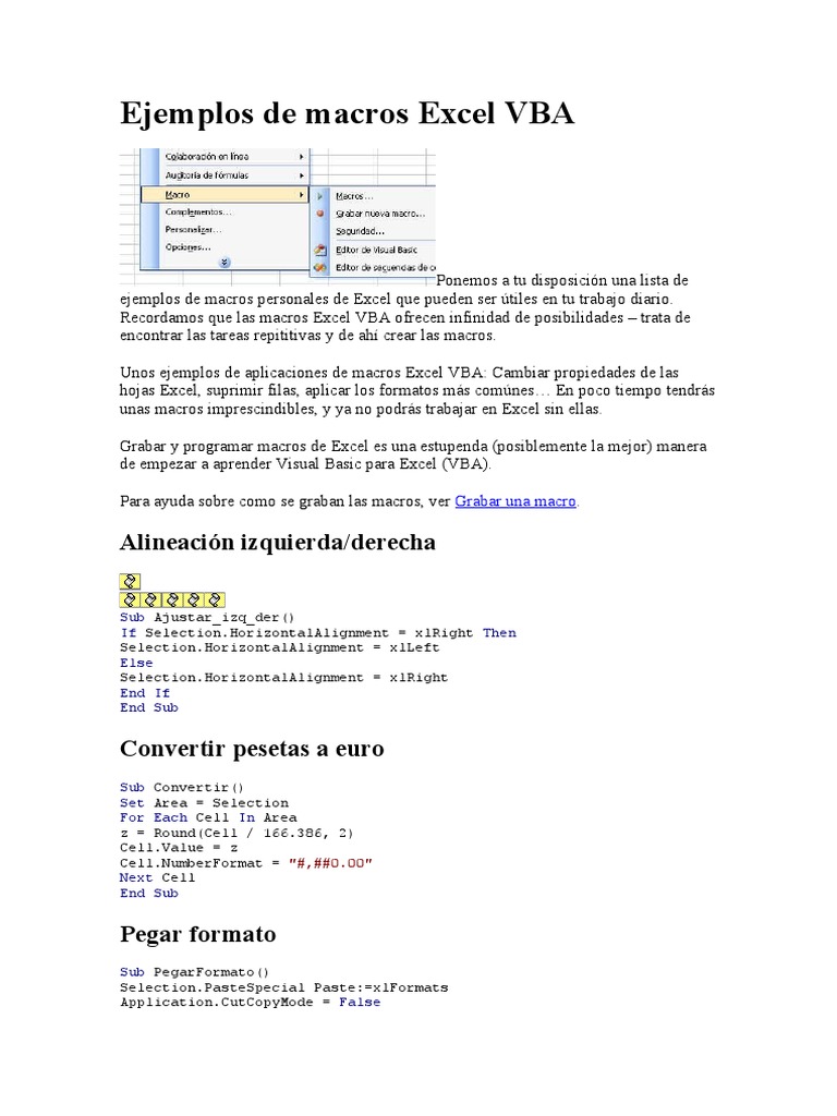 Macros Excel VBA esenciales | PDF | Microsoft Excel | Macro (informática)