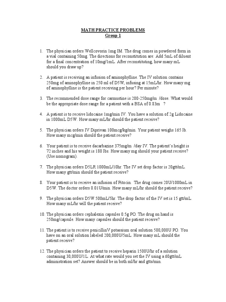 Nursing-Math Practice Set 1 PDF | PDF | Dose (Biochemistry) | Chemistry