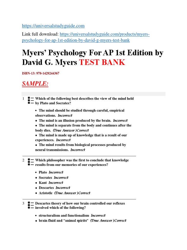 Myers Psychology For AP 1st Edition by David G. Myers Test Bank | PDF ...