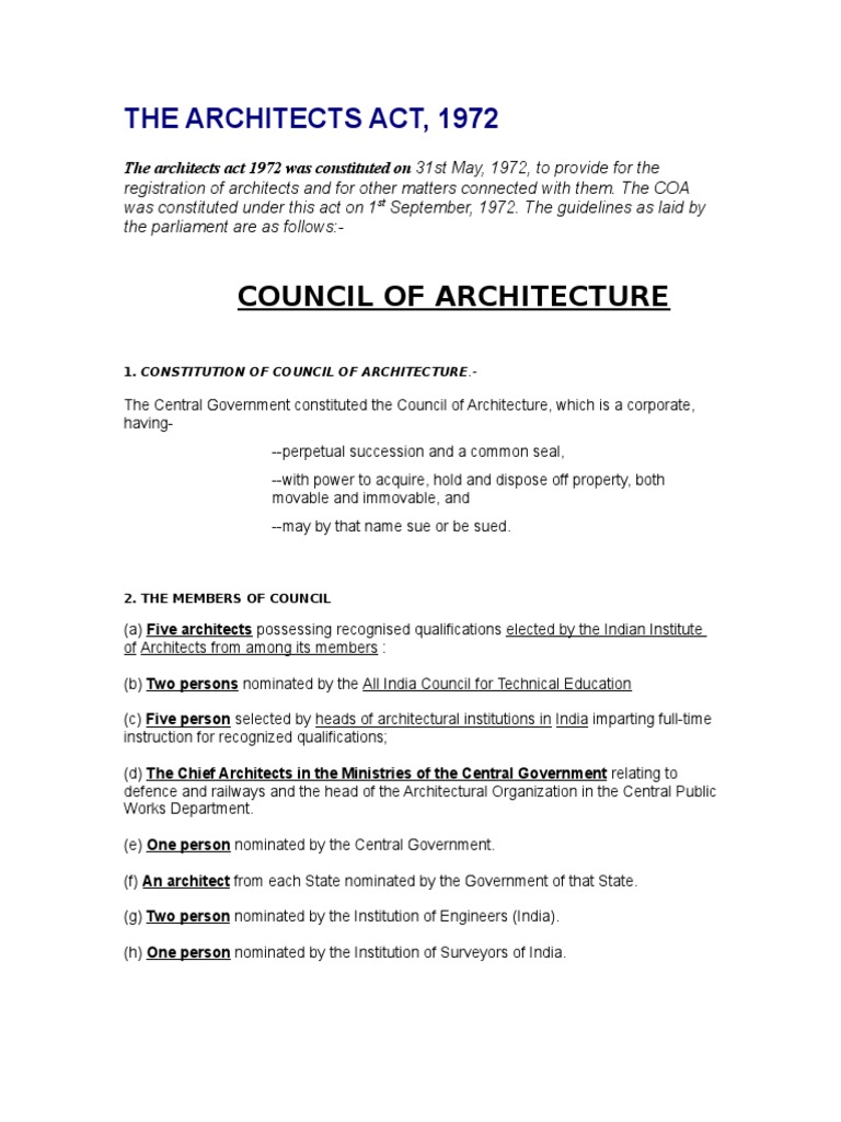 The Architects Act, 1972: Ouncil of Architecture | PDF | Government Of ...