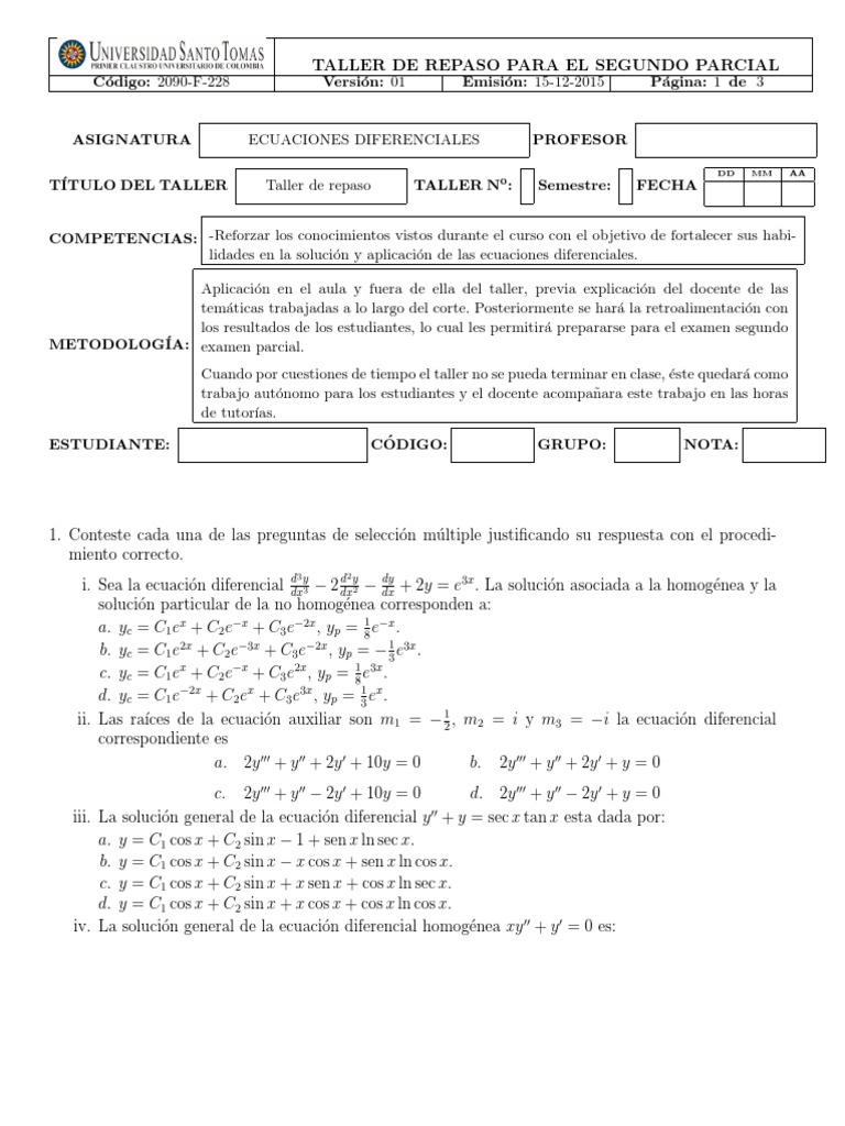 Taller Pre-Parcial Ecuaciones Diferenciales | PDF | Masa | Velocidad