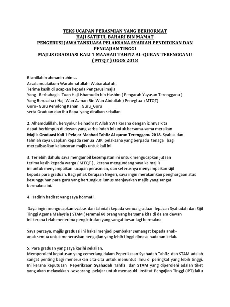 Teks Ucapan Perasmian Yang Berhormat Majlis Graduasi 2018 | PDF