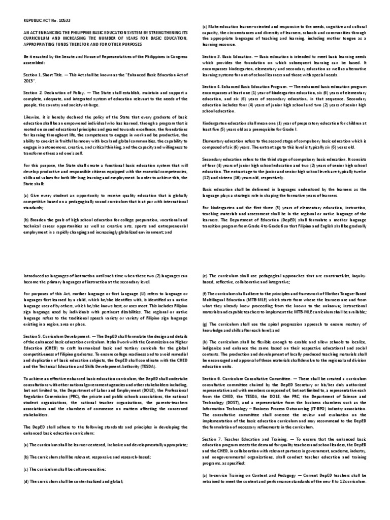 Republic Act No 10533 | PDF | Curriculum | Secondary Education
