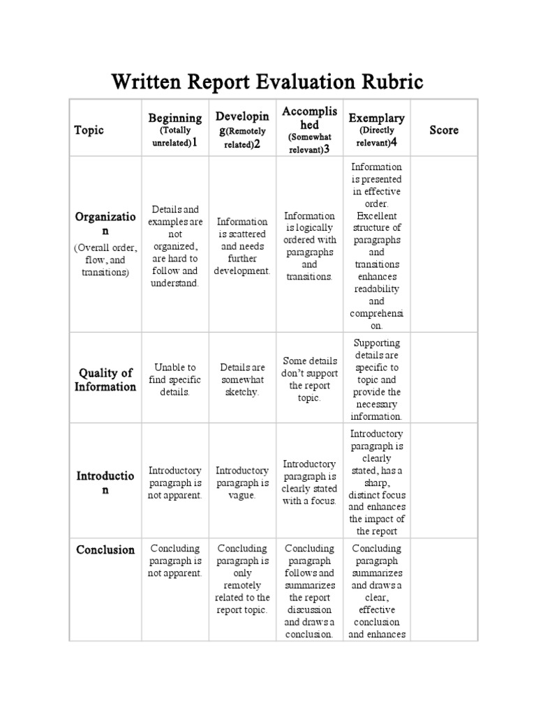 Written Report Evaluation Rubric: Topic Beginning 1 Developin G 2 ...
