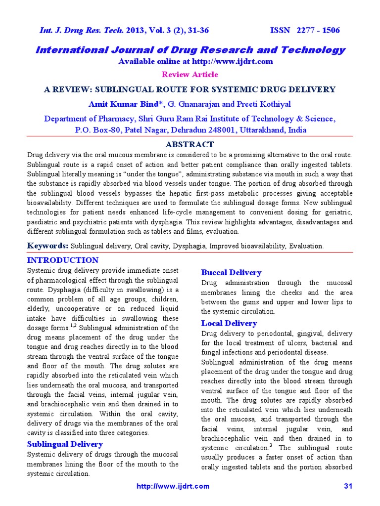 A Review Sublingual Route For Systemic Drug Delivery | PDF | Tablet ...