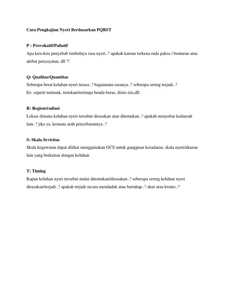 Cara Pengkajian Nyeri Berdasarkan PQRST | PDF