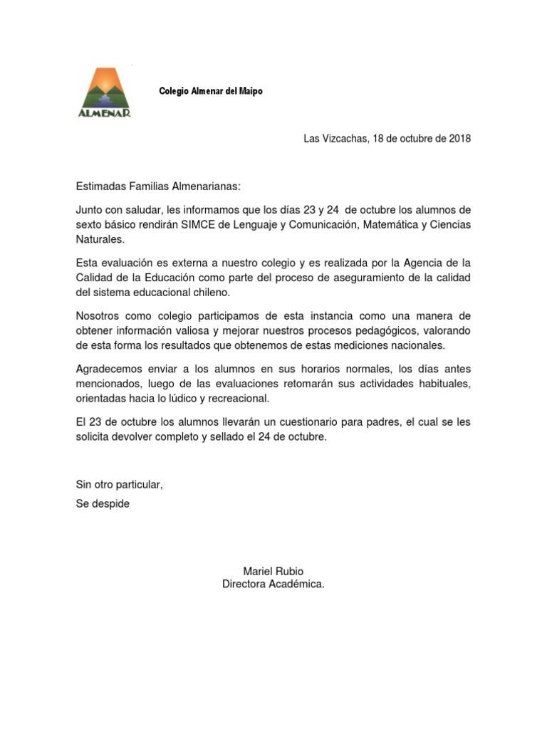 COMUNICADO SIMCE 6° Básico 2018 | PDF