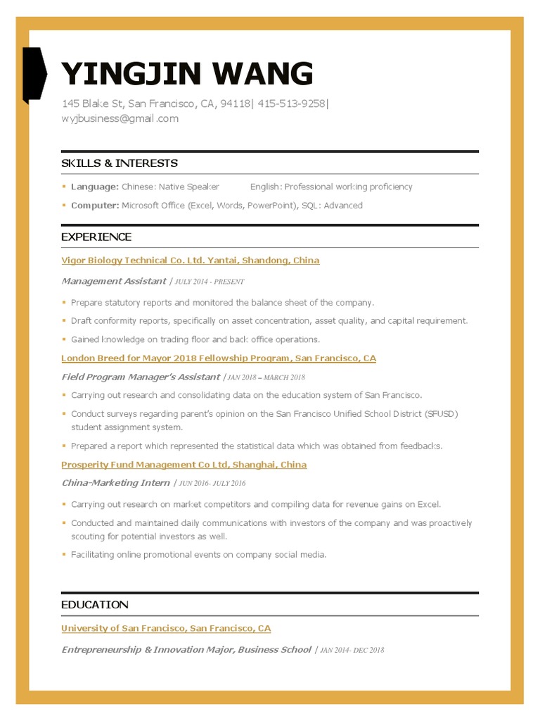 Yingjin Wang Resume | PDF | San Francisco | China