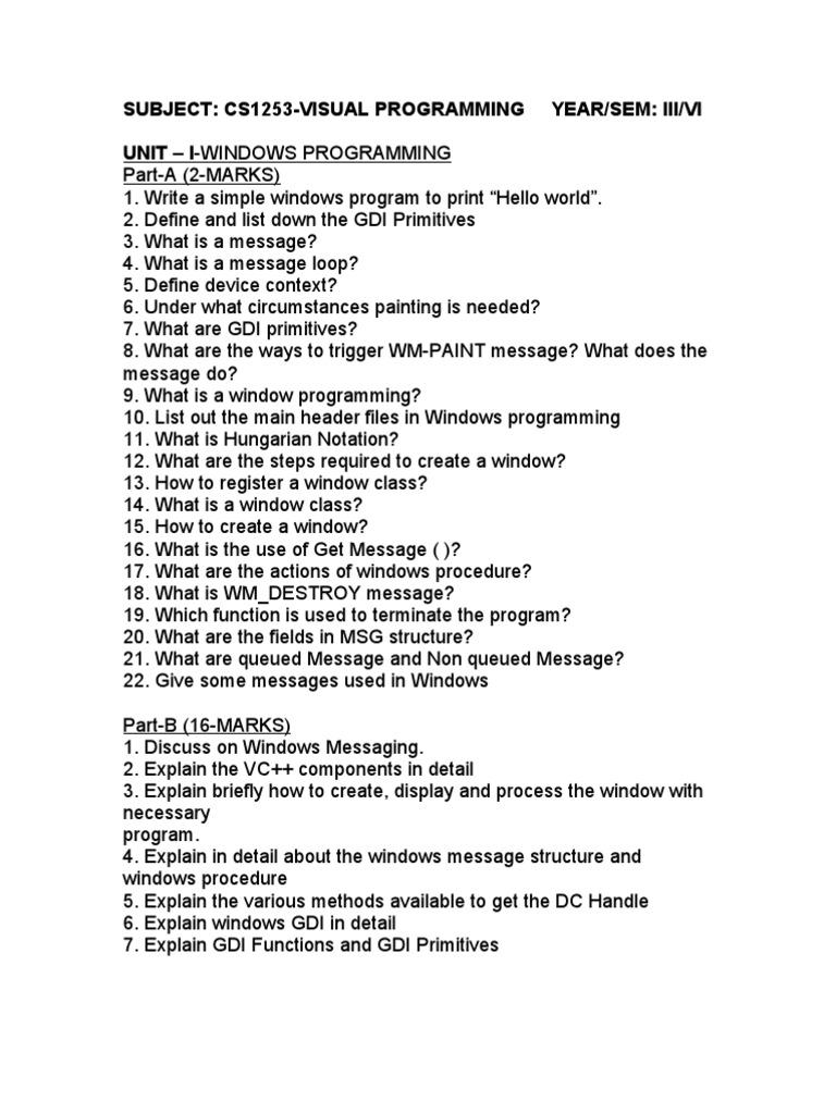 Subject: Cs1253-Visual Programming Year/Sem: Iii/Vi Unit - I | PDF ...