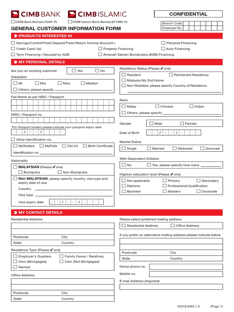 CIMB Bank General Customer Form | PDF | Credit Card | Banks