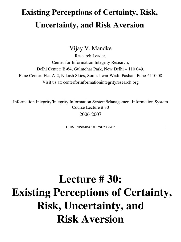 Existing Perceptions of Certainty, Risk, Uncertainty, and Risk Aversion ...