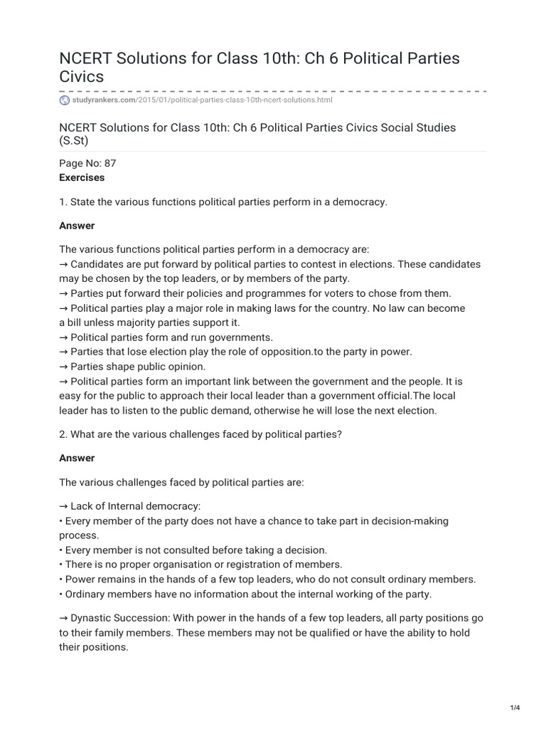 NCERT Solutions For Class 10th CH 6 Political Parties Civics | PDF ...