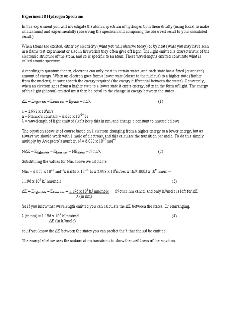 Experiment 8 Hydrogen Spectrum | PDF | Emission Spectrum | Electron