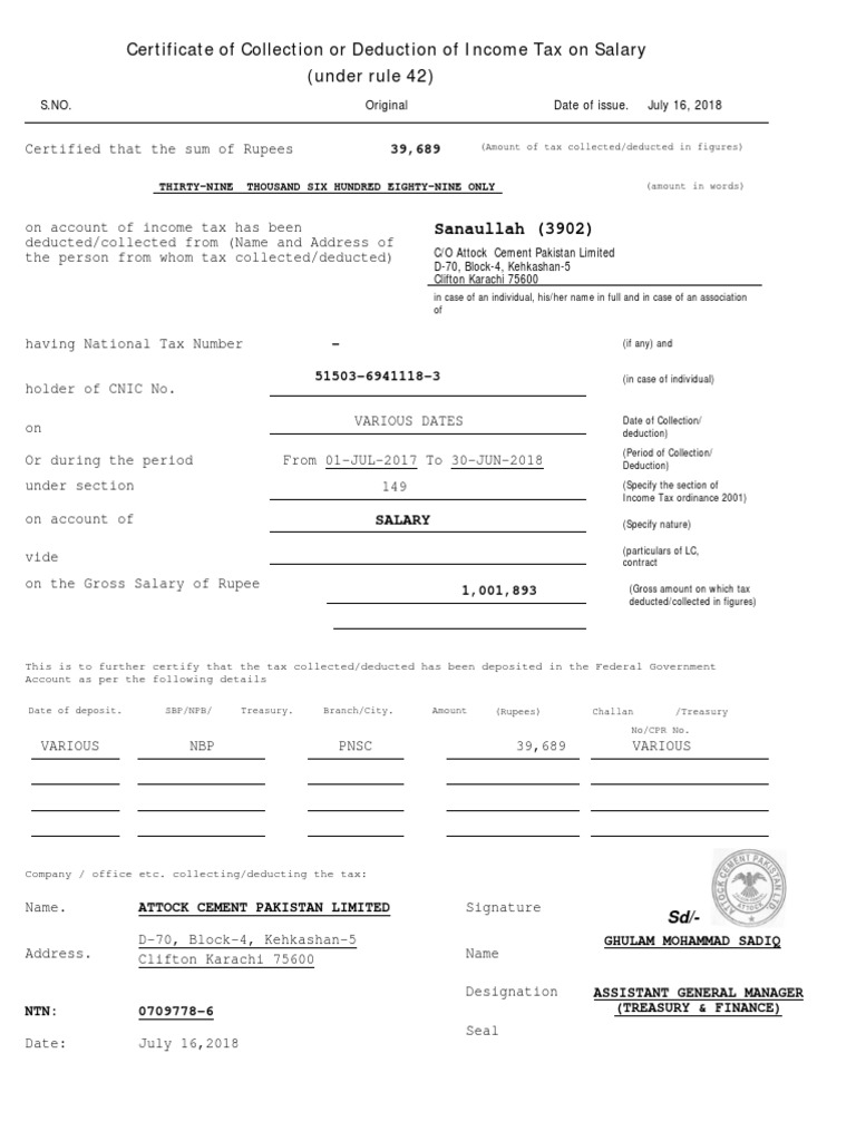 Certificate of Collection or Deduction of Income Tax On Salary (Under ...